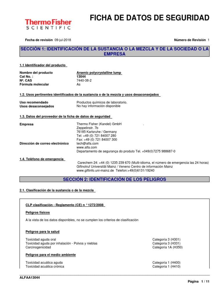 Hoja de Seguridad Arsenico | PDF | Residuos | Toxicidad