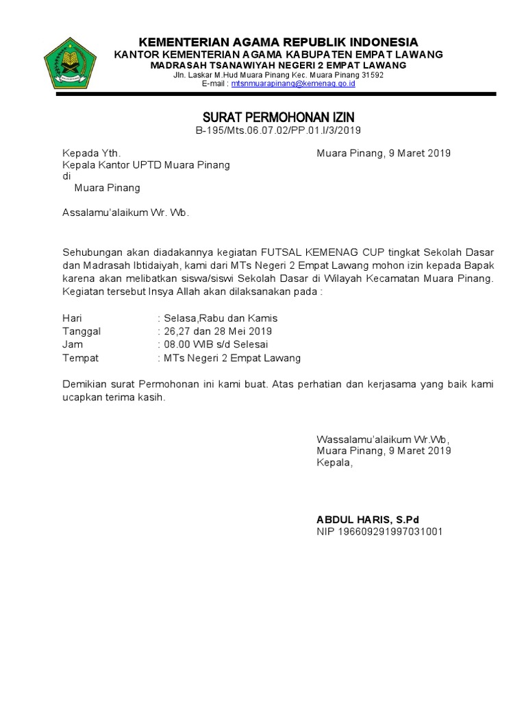 Surat Permohonan Izin UPTD 2019 | PDF