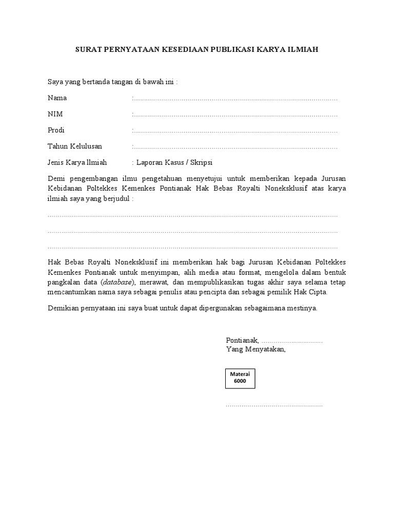 Surat Pernyataan Kesediaan Publikasi Karya Ilmiah | PDF