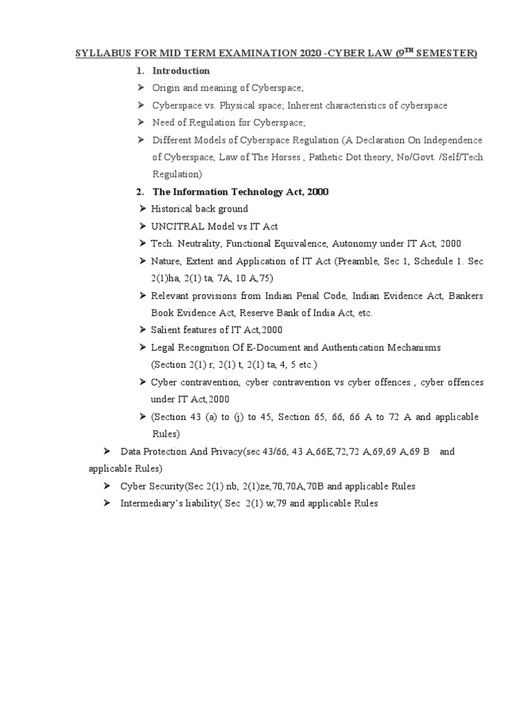 Mid Term Syllabus Cyber Law | PDF