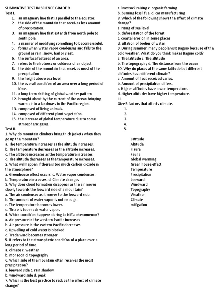 Summative Test in Science Grade 9 | PDF | Atmosphere Of Earth | Water Vapor