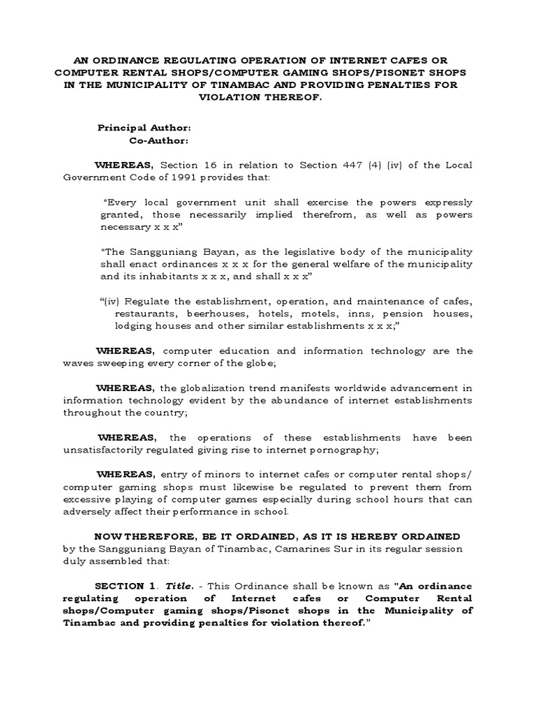 Regulation of Internet Cafe Final Draft | PDF | Internet | Local Ordinance