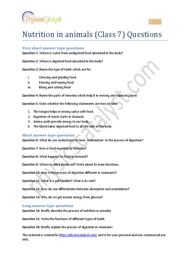 Nutrition in Animals Important Questions PDF | PDF | Digestion | Zoology