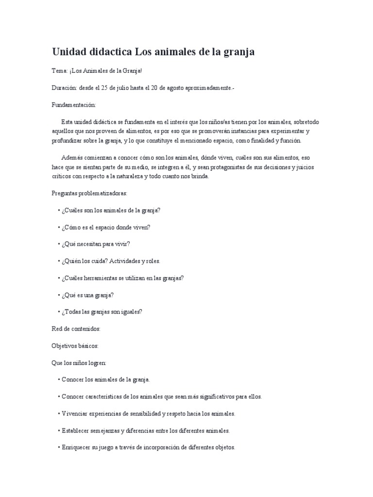 Unidad Didactica Los Animales de La Granja 1 | PDF | Alimentos | Espacio