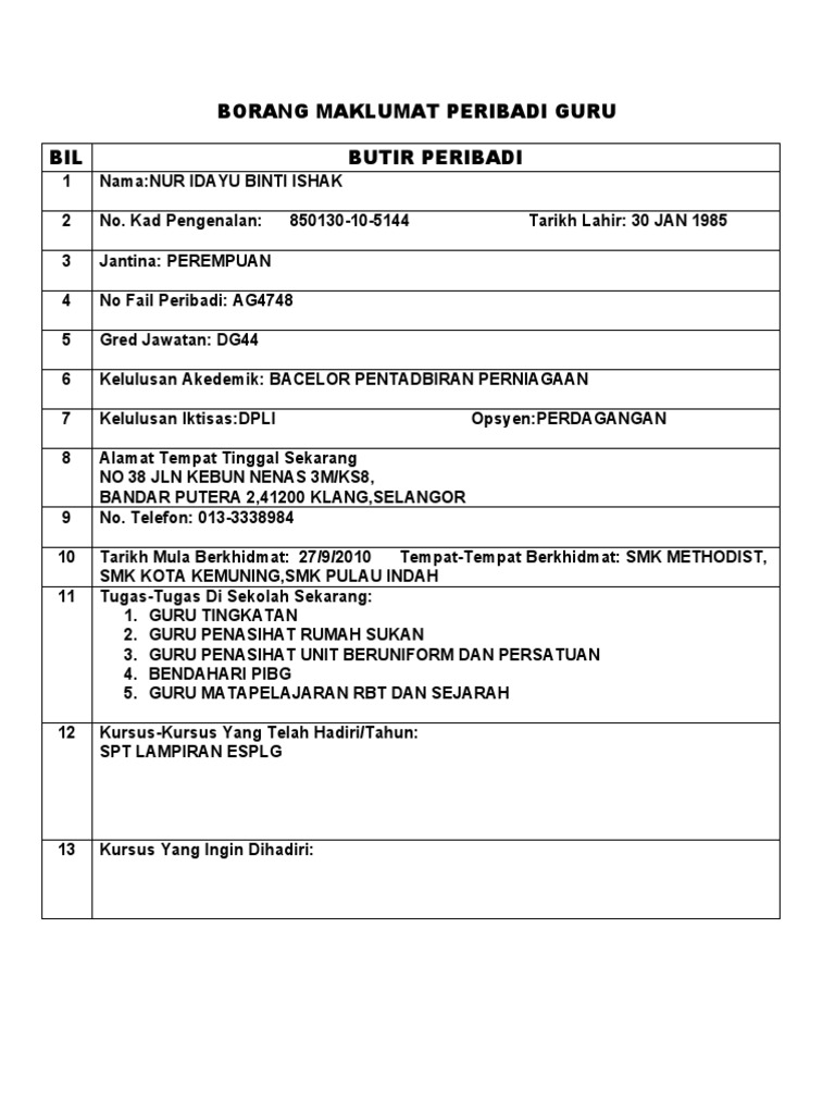 Borang Maklumat Peribadi Guru | PDF