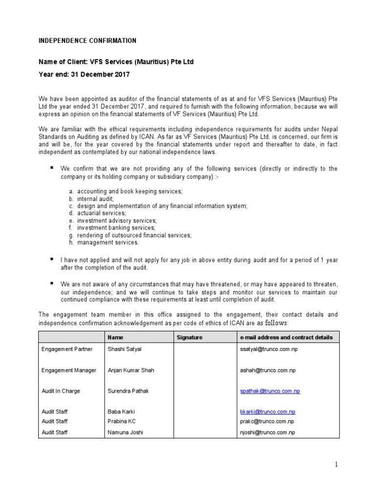 Confirmation of Independence - Statutory Audit | PDF | Audit ...