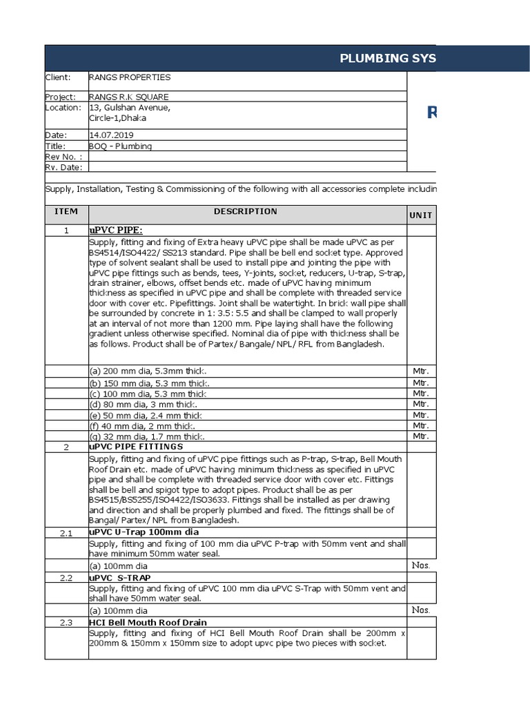 RANGS R.K SQUARE - BOQ - Plumbing - 140719 | PDF | Pipe (Fluid ...
