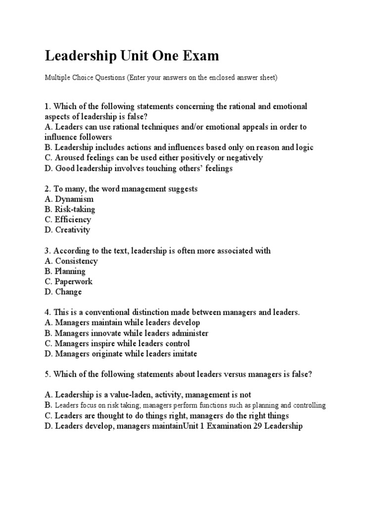 Leadership Unit One Exam: Multiple Choice Questions (Enter Your Answers ...