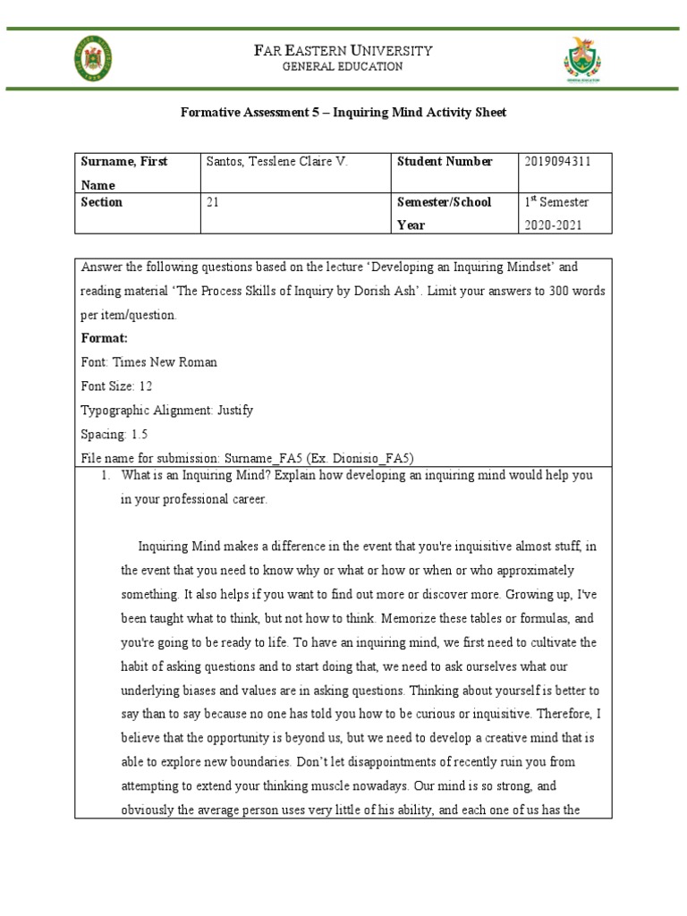 FA # 5 Inquiring Mind Activity Sheet | PDF | Question | Inquiry