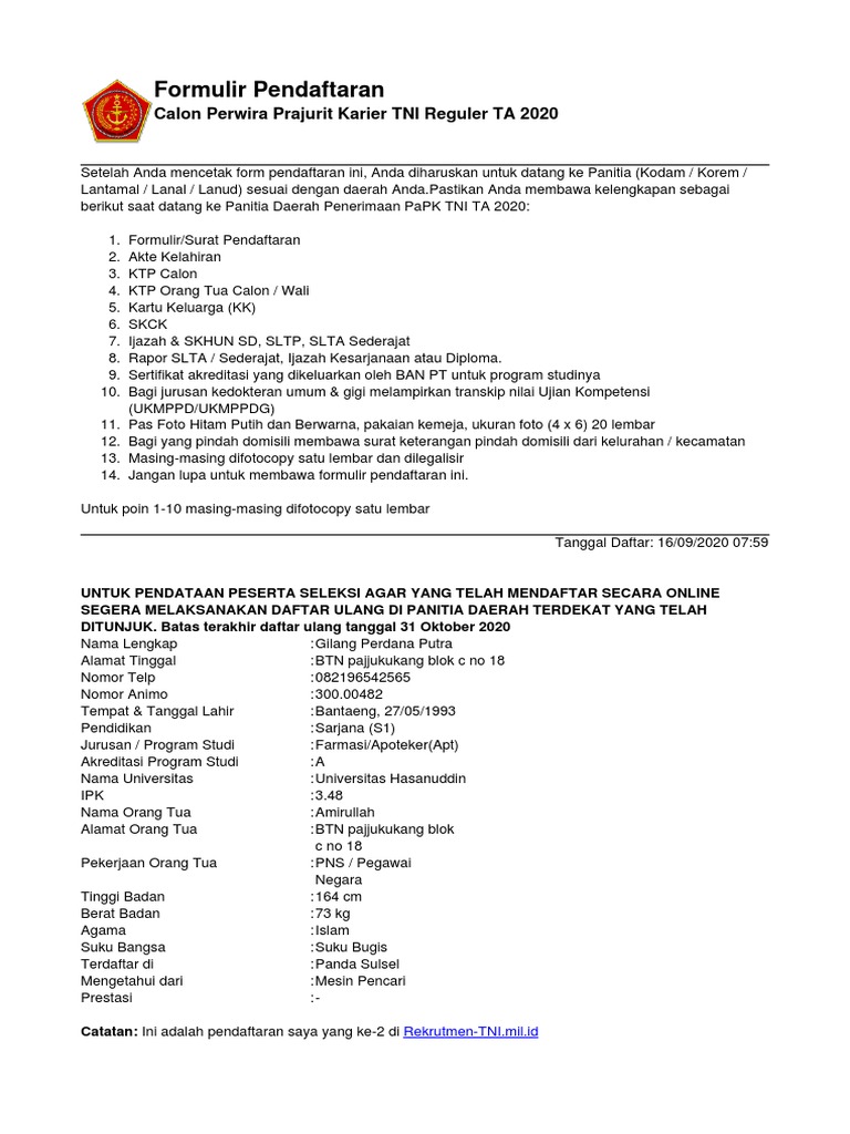 Formulir Pendaftaran: Calon Perwira Prajurit Karier TNI Reguler TA 2020 | PDF