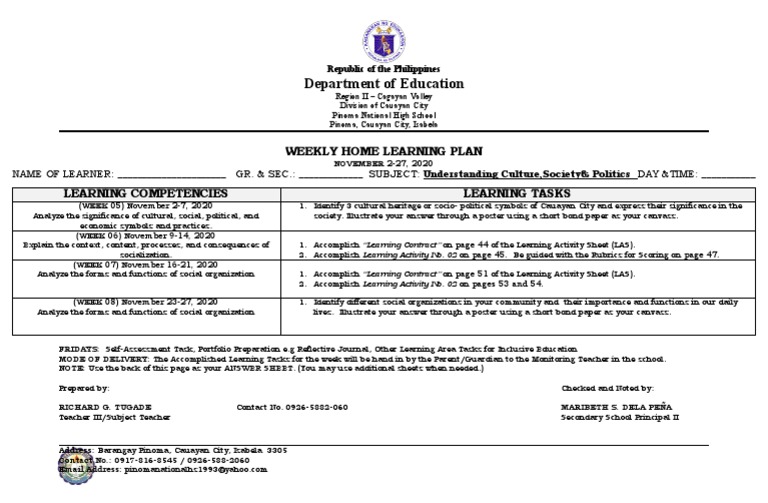 UCSP - WEEKLY HOME LEARNING PLAN Second Month | PDF | Learning | Cognition