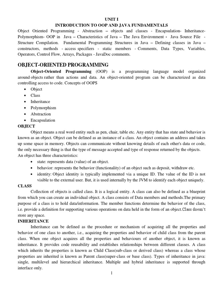 Cs8392 Oop Unit 1 Notes Pdf Java Virtual Machine Inheritance
