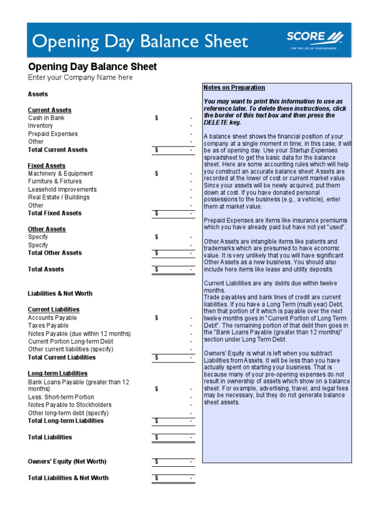 Opening Day Balance Sheet: Enter Your Company Name Here | PDF | Balance ...