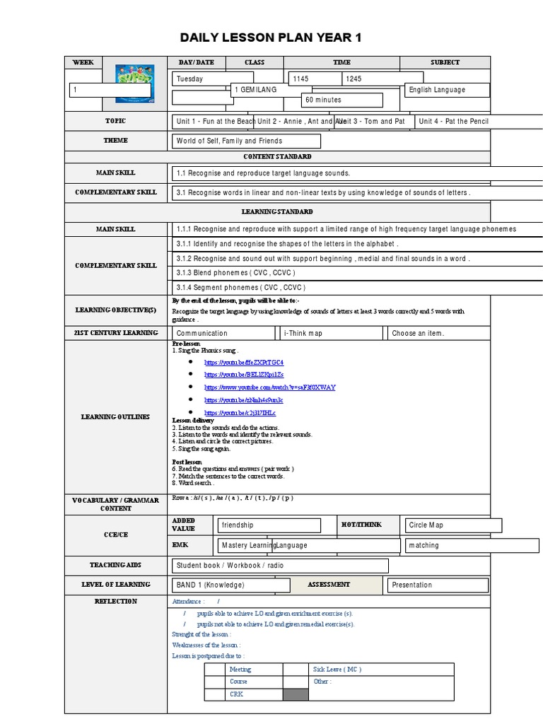 Daily Lesson Plan Year 1: ? V Saf3F0Xway | PDF | Phonics | Lesson Plan