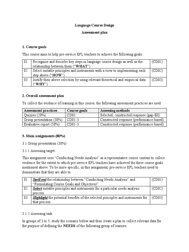 Language Course Design Assessment Plan | PDF | Educational Assessment ...