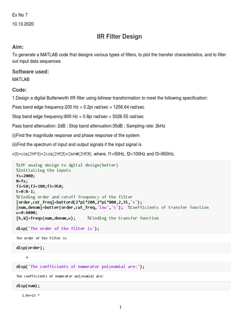 IIR Filter Design: %LPF Analog Design To Dgital Design (Butter) %initiaizing The Inputs | PDF ...