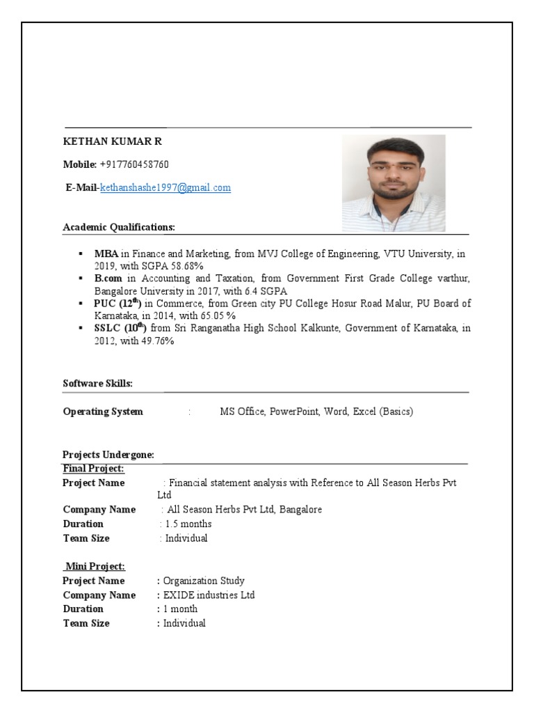 Kethan Shashi Resume | PDF | Bangalore | Business