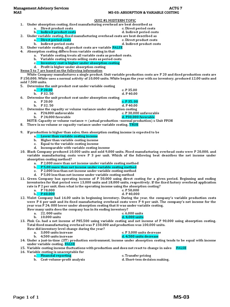 QUIZ 1 Absorption Costing | PDF | Cost Of Goods Sold | Inventory
