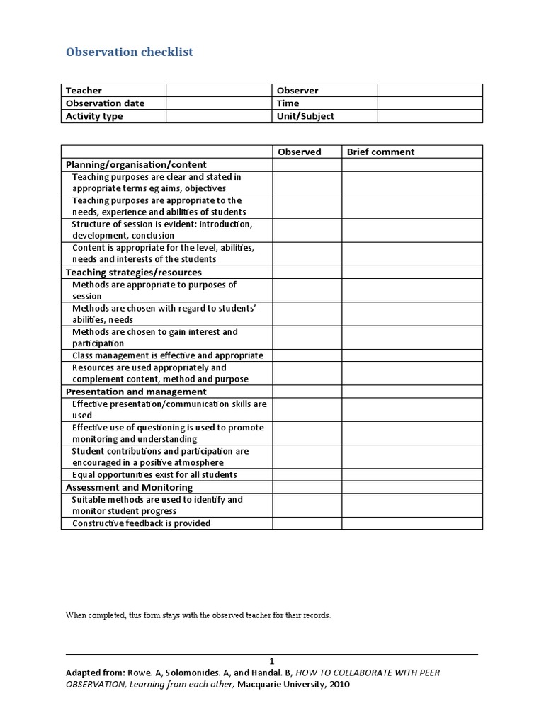 Observation Checklist: Teacher Observer Observation Date Time Activity ...
