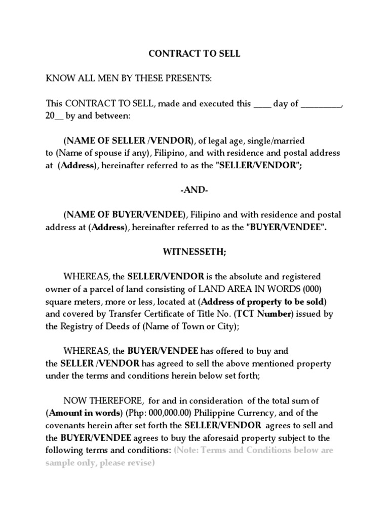 Contract To Sell: (Note: Terms and Conditions Below Are Sample Only ...