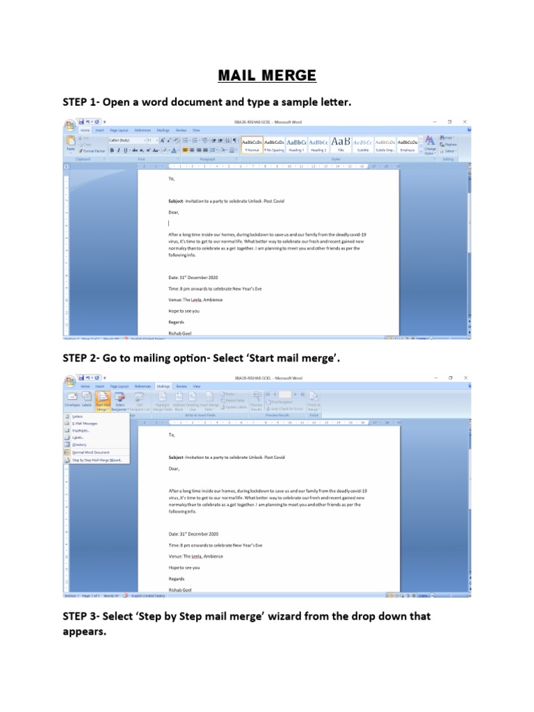 Mail Merge: STEP 1-Open A Word Document and Type A Sample Letter | PDF