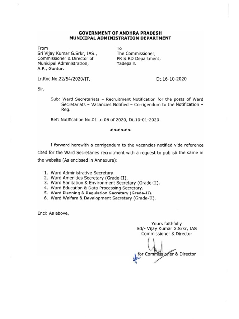 Ward Secretaries Vacancies Letter and Corrigendum PDF | PDF