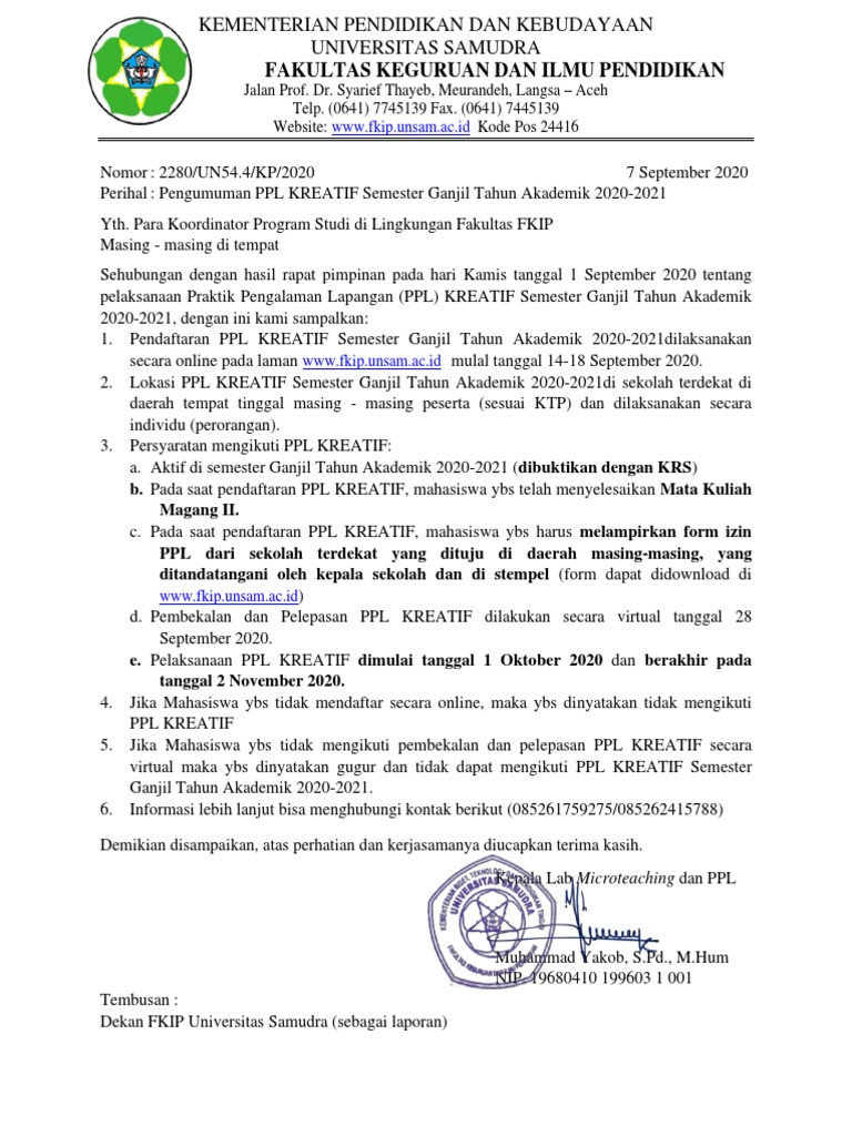 Pengumuman PPL Kreatif FKIP Unsam | PDF