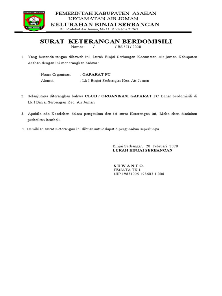 Surat Domisili Gaparat FC | PDF
