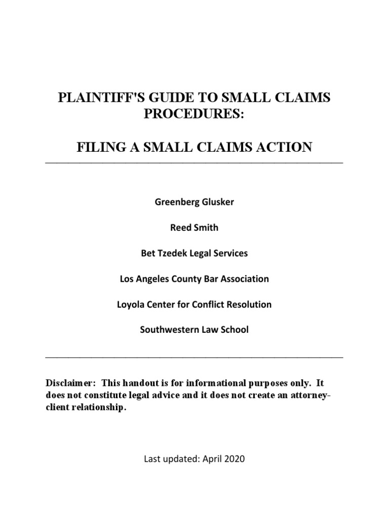 Plaintiff'S Guide To Small Claims Procedures: Filing A Small Claims ...