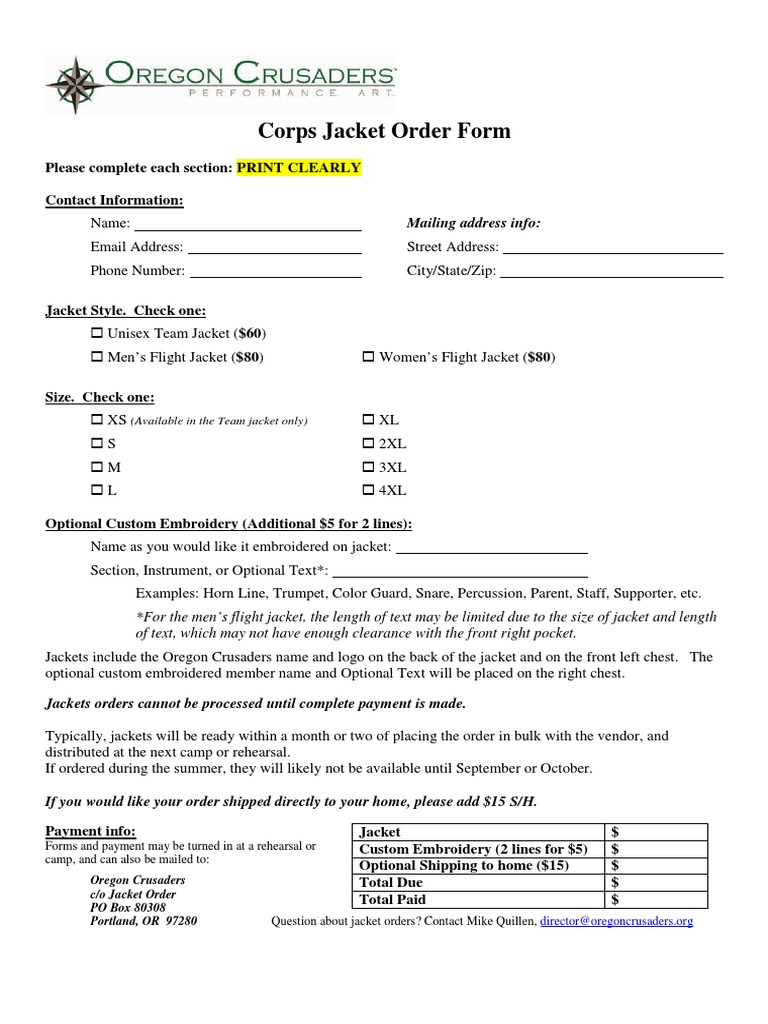 Corps Jacket Order Form: Mailing Address Info | PDF | Clothing | Business