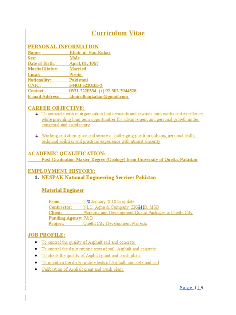 Khair Ul Haq Kakar Curriculum Vita | PDF | Road Surface | Concrete