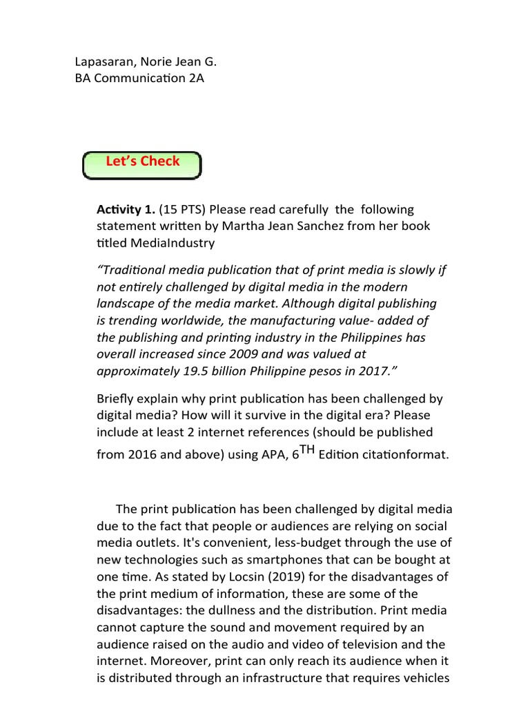 Let's Check: Activity 1. (15 PTS) Please Read Carefully The Following ...