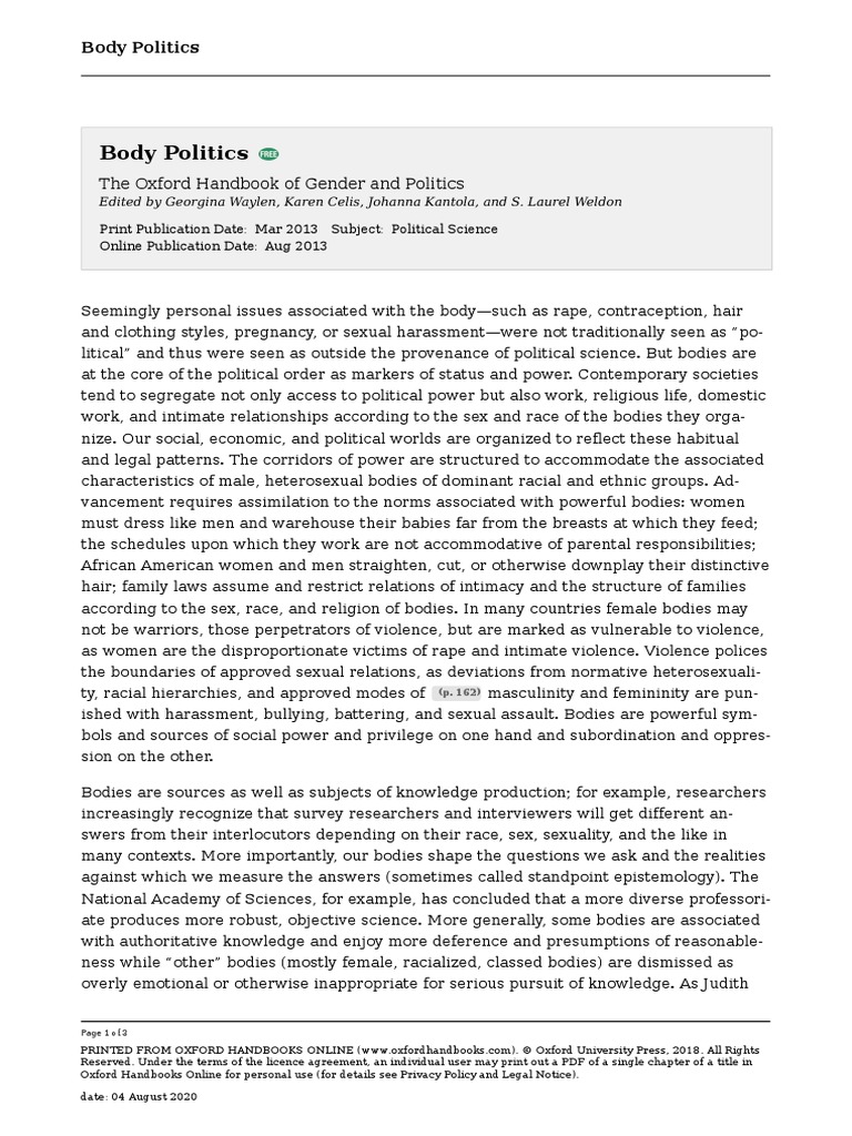Body Politics: The Oxford Handbook of Gender and Politics | PDF | Woman ...