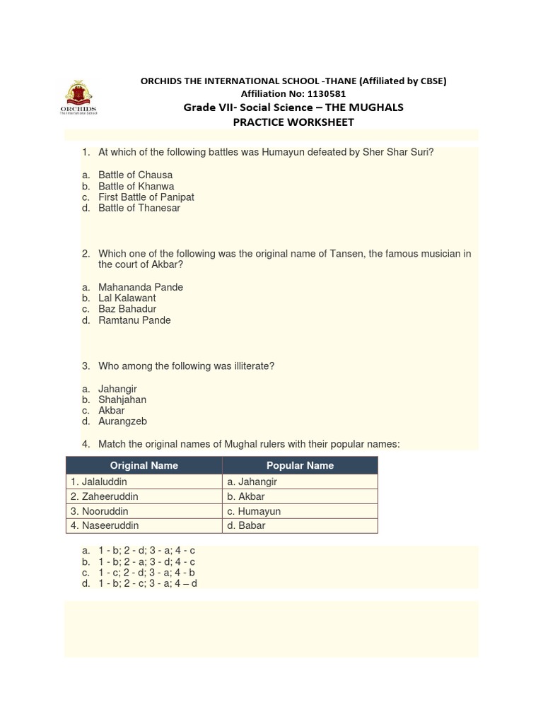 Grade VII-Social Science - THE MUGHALS Practice Worksheet | PDF ...