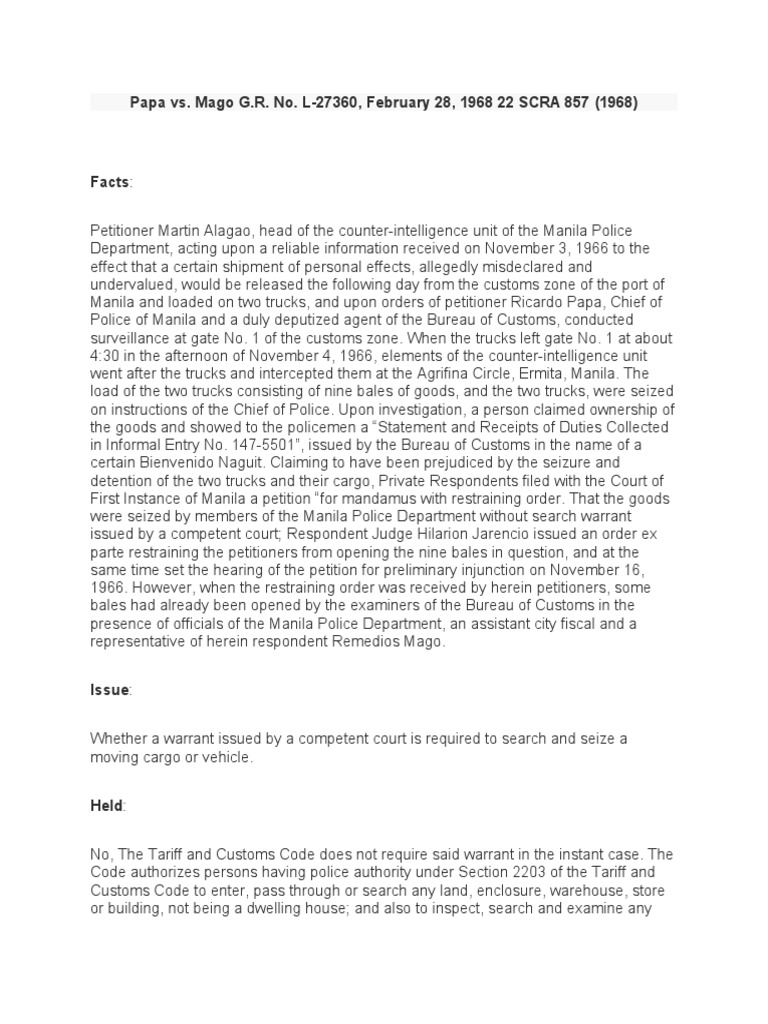 Papa Vs Mago Case Digest | PDF | Search Warrant | Search And Seizure