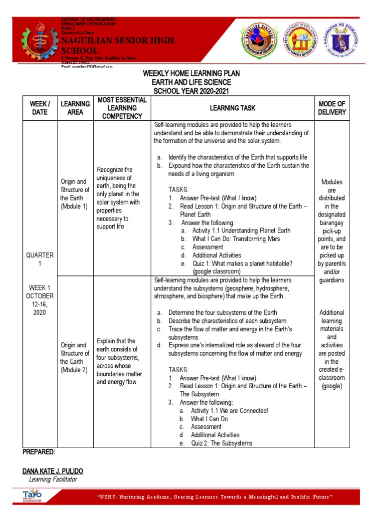 Naguilian Senior High School: Weekly Home Learning Plan Earth and Life ...