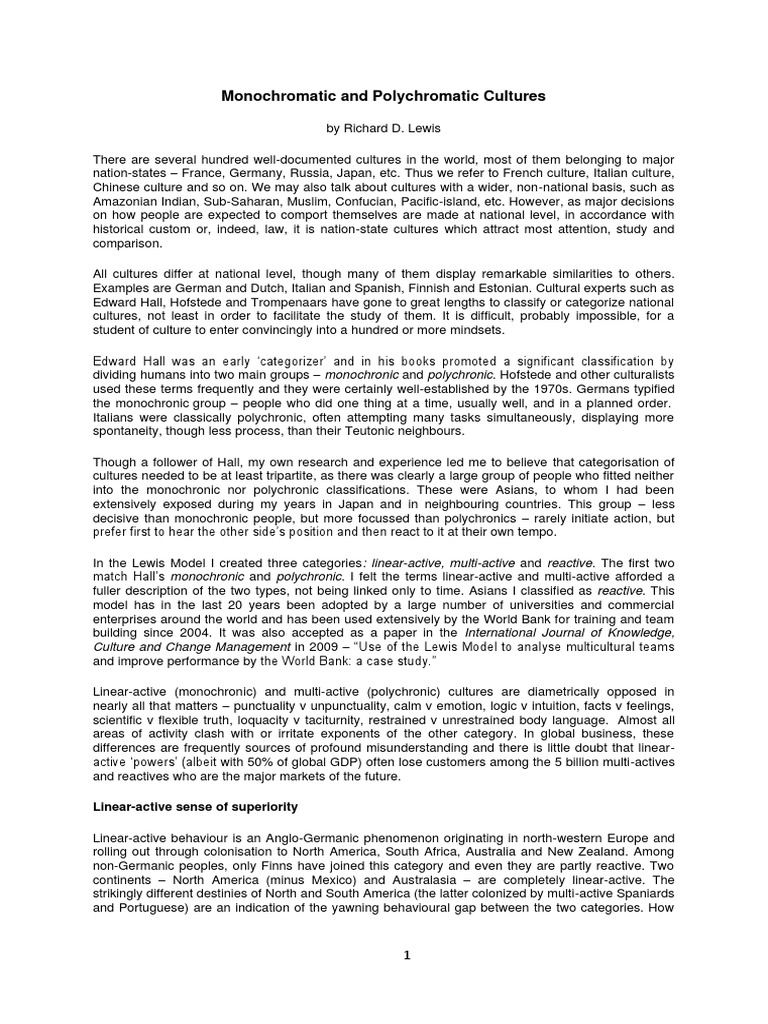 Monochromatic and Polichromatic Cultures - Richard Lewis | PDF | Tourism | Nation State