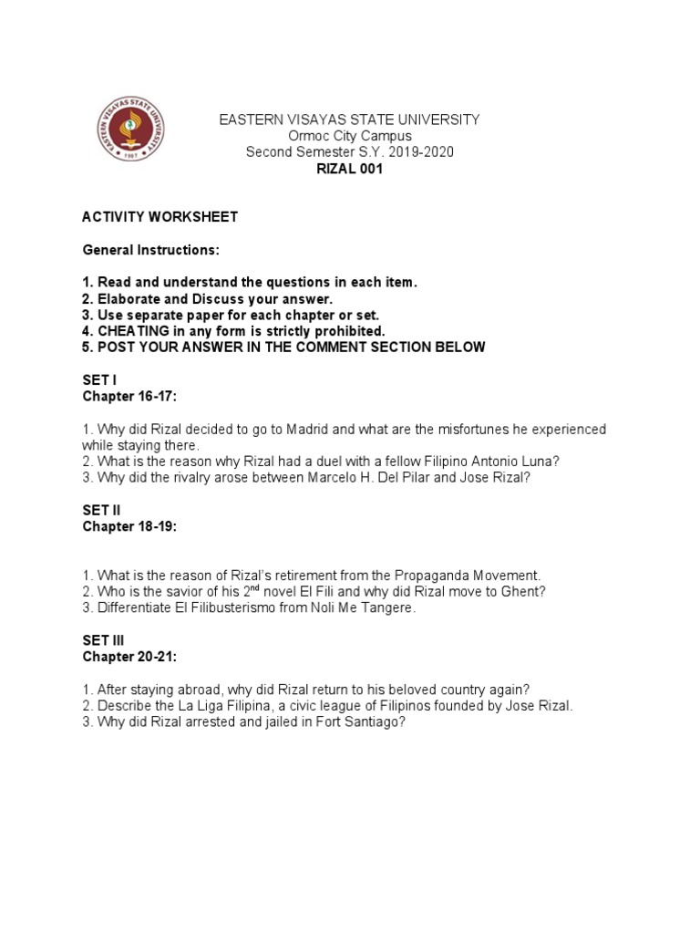 Rizal Activity Worksheet for Students | PDF
