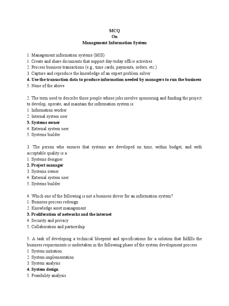 MCQs on Management Information Systems | PDF | Data Model | Software ...