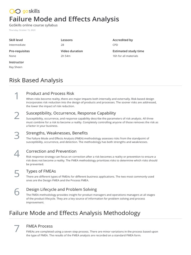 Failure Mode and Effects Analysis - GoSkills Course Syllabus | PDF ...