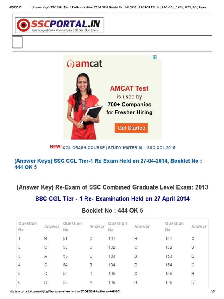 (Answer Keys) SSC CGL Tier-1 Re Exam Held On 27-04-2014, Booklet No ...