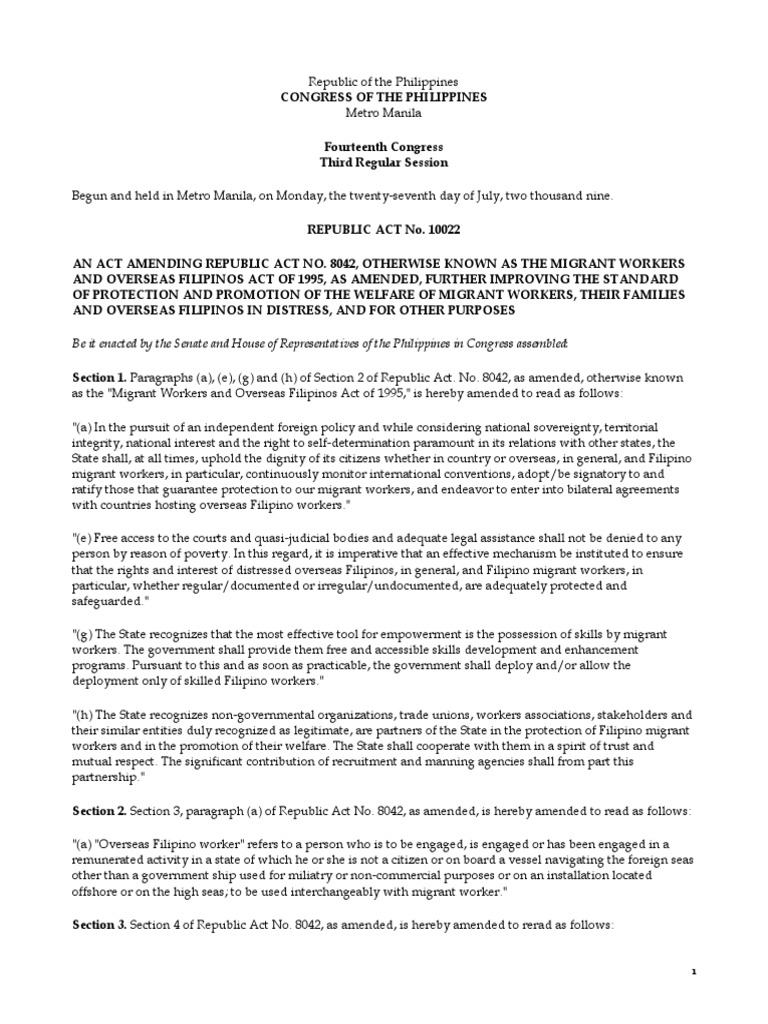 RA 10022 (Amendments To RA 8042) | PDF | Migrant Worker | Employment