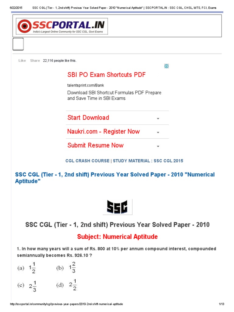 SSC CGL (Tier - 1, 2nd Shift) Previous Year Solved Paper - 2010 ...