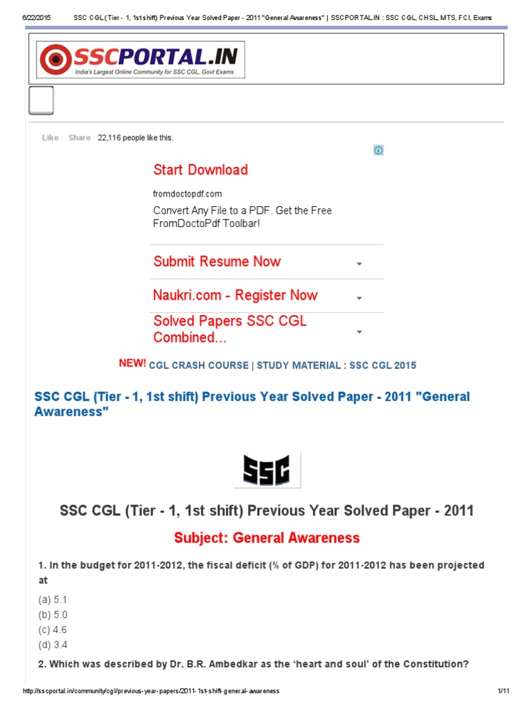 Start Download: SSC CGL (Tier - 1, 1st Shift) Previous Year Solved ...