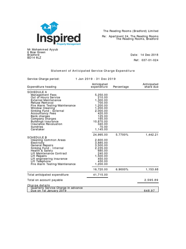 2019 Service Charge Statement - Bradford | PDF | Fee | Business