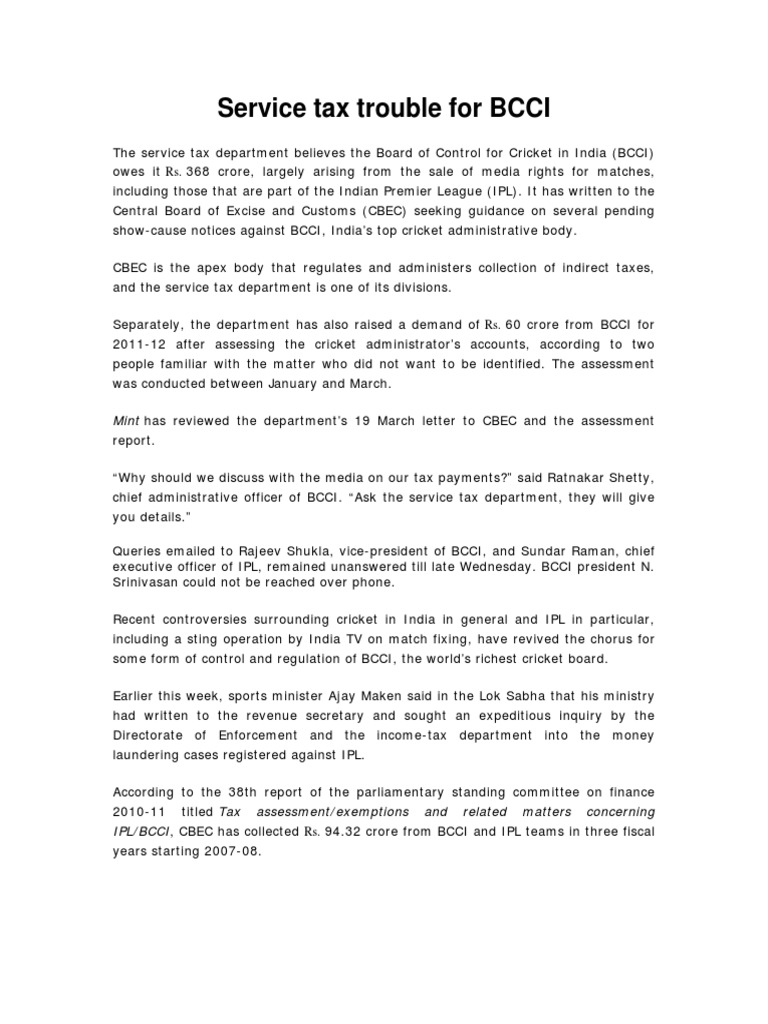 Service Tax Trouble For BCCI: Mint Has Reviewed The Department's 19 ...