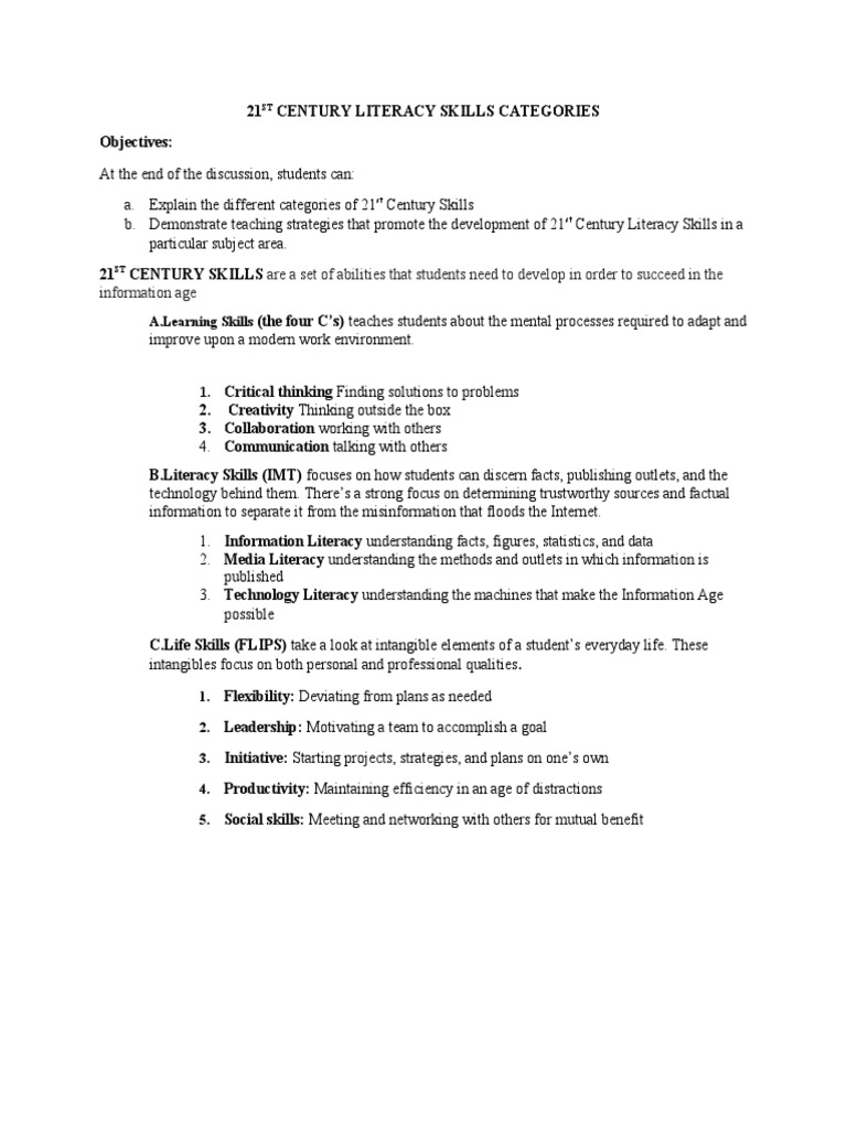 21ST Century Literacy Skills Categories | PDF