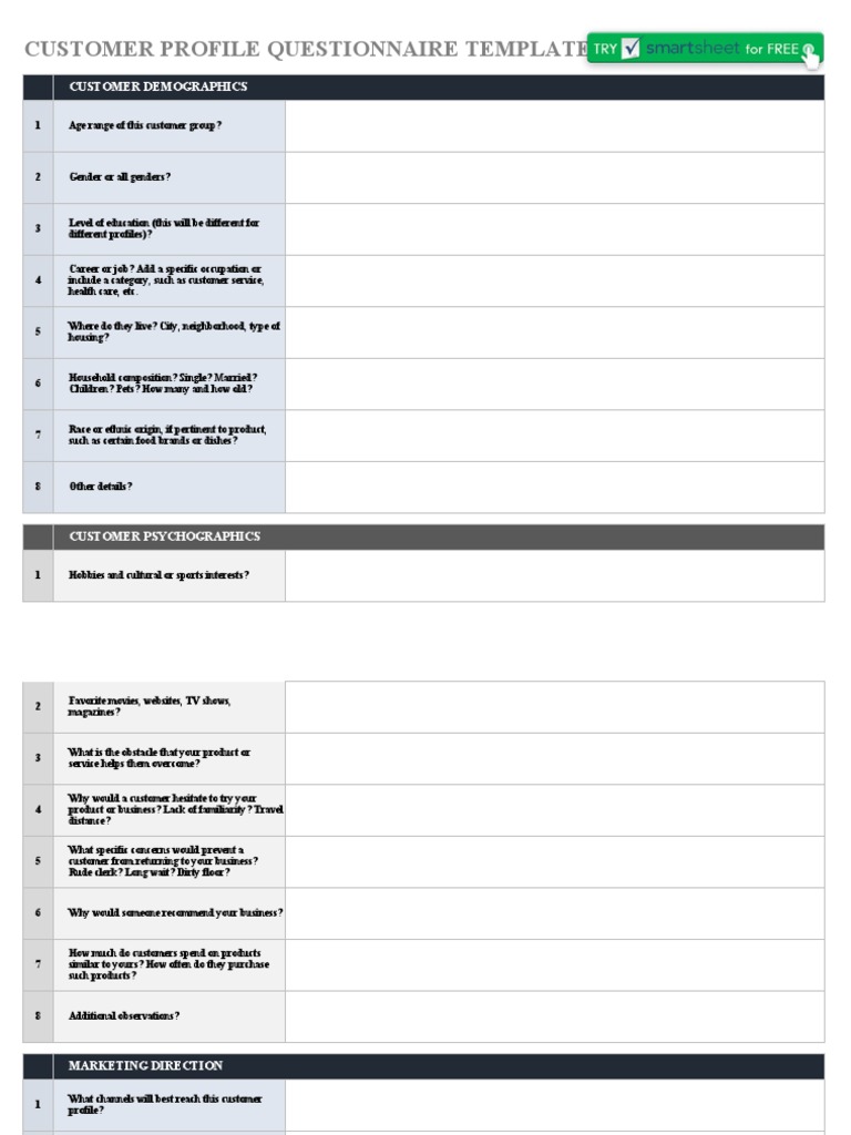 Customer Profile Questionnaire Template: Gathering Demographic and ...