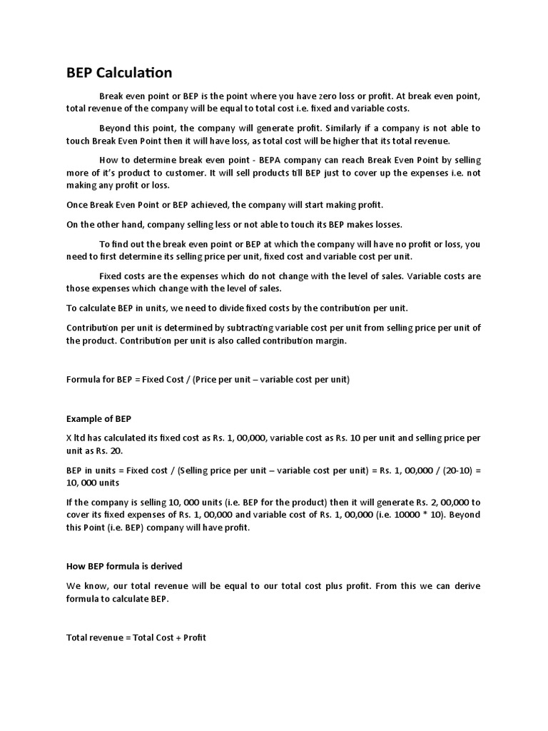 BEP Calculation | PDF | Pricing | Microeconomics