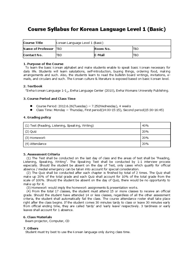 Course Syllabus For Korean Language Level 1 (Basic) | PDF | Semiotics ...